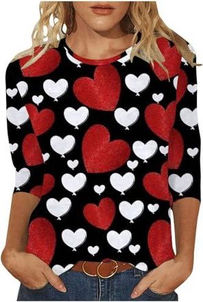 Generic 2026 Saint-Valentin femmes automne et hiver d&eacute;contract&eacute; mode col rond impression Saint-Valentin t-shirt &agrave; manches trois quarts, Noir, XXL