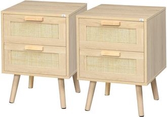 HOMCOM Homcom - Lot de 2 tables de chevet 2 tiroirs chacune cannage rotin bois panneaux aspect bois clair