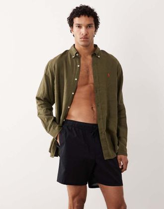 Polo Ralph Lauren Chemise manches longues en lin &agrave; logo embl&eacute;matique - Kaki-Vert