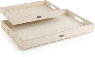 Com-Four 2-teiliges Tablett-Set aus Holz - Vintage Dekobretter in 2 Größen - Serviertabletts mit Kleiner Metallplakette - Dekoschalen mit Tragegriffen (02 Stüc