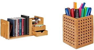 Relaxdays Schreibtisch Organizer Bambus, 2 Schubladen, 21x80,5x19 cm, Natur &, natur Stiftköcher Bambus, Utensilienbox Holz, f. Stifte, Schere, Stiftehalter, La