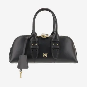 Pinko Womens Horizontal Leather Bowling Bag Black Handbags Hand