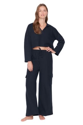 Trendyol Trendyol Damen Unifarben Mitte Gestrickt T-Shirt-Hose Pyjama Set, Marineblau, S EU