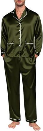 Generic Ensemble de pyjama en satin de soie pour homme - Haut &agrave; manches longues boutonn&eacute; avec pantalon long - Ensemble de pyjama en soie l&eacute;ger, doux et confor