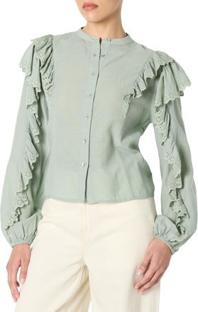 The Drop Arianna Dramatic Ruffle Sleeve Cotton Blouse Blusen, Iceberg Green, XXS