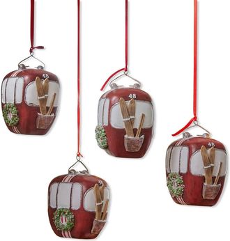 Loberon Anhänger 4er Set Barnes, Filigrane Handbemalung, Nostalgische Ski-Gondeln, Christbaumschmuck, Weihnachten, Weihnachtsdeko, Polyresin, Glitzer, bunt