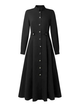 Generic Robe midi trapèze à manches longues et col montant pour femme - Style décontracté et élégant, Noir, XXL