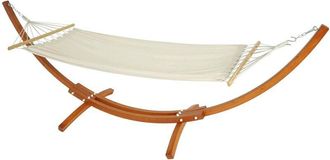 Hhg Hamac avec support 660 jusquà 200kg support en bois MVG-certifié 320cm, Marron, tissu creme-blanc