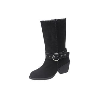 Generic Bottes de cowboy larges en daim synth&eacute;tique pour femme - Bout pointu - Boucle &eacute;l&eacute;gante - Talon bloc - Bottes mi-mollet &agrave; enfiler - Bottes mi-mollet, N
