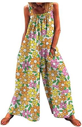 TOMWELL Combinaison Femme Bretelles Combishort Bodysuit Combi-Pantalon Débardeur sans Manches Romper Jumpsuit Casual Plage Cocktail Soirée Été Vintage C Jaune