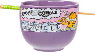 Silver Buffalo Garfield Eating Takeout Keramik-Ramen-Nudel-Reisschale mit Essst&auml;bchen, mikrowellengeeignet, 590 ml