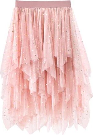 Generic Jupe en tulle pour femme, ligne A, taille haute &eacute;lastique, jupe midi, jupe superpos&eacute;e irr&eacute;guli&egrave;re, jupe dHalloween en mousseline blanche, Rose clair, 