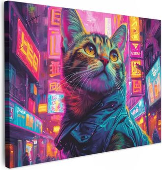 MuchoWow © Bilder 80x60 cm Wohnzimmer Deko Modern Wandbild Foto auf Leinwand Bild Schlafzimmer über Bett Room Decor Geschenke Graffiti - Katze - Neon - China -