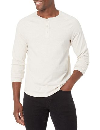 Amazon Essentials Herren Langärmeliges Henley-Shirt, Schmale Passform, Haferbeige Meliert, XL