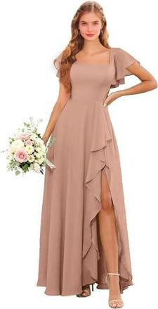 Generic Robe de demoiselle dhonneur à manches courtes en mousseline de soie avec fente et col carré, robe dinvitée de mariage, robe formelle pour mariage, ros