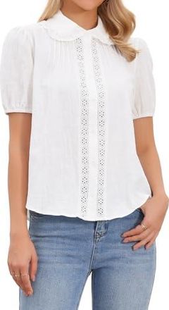 Allegra K Chemisier en Coton &agrave; Manches Courtes pour Femme Col Claudine Boutonn&eacute; Empi&egrave;cement en Crochet Blanc L