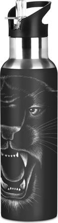 Mnsruu Schwarz Weiß Tier Panther Leopard Trinkflasche Wasserflasche mit Strohhalm für Sport, 600ML Thermosflasche BPA-frei Isolierflasche Edelstahl 18/8 für 