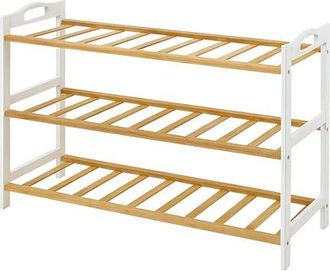 Relaxdays Schuhregal, HBT: 48 x 70 x 25 cm, Bambus, 3 Ebenen, f&uuml;r 9 Paar Schuhe, Schuhst&auml;nder Gitterablagen, braun/wei&szlig;