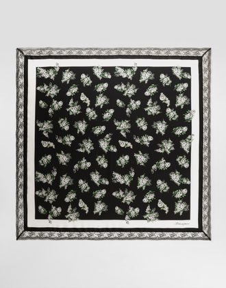 Dolce & Gabbana 90x90 Small Flower Bouquet-print Silk Twill Scarf With Lace Insert - Frau Schals Und T&uuml;cher Multicolor Onesize