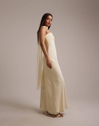 Six Stories Linvit&eacute;e - Robe bandeau longue en mousseline avec d&eacute;tail foulard - Citron-Jaune