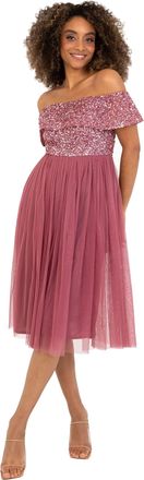 Maya Damen Ladies Bardot Dresses for Women Midi High Empire Waist Sequins Embellished Formal Evening Wedding Guest Brautjungfernkleid, Desert Rose, 50 EU