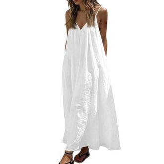 Generic Robe de vacances d&eacute;t&eacute; pour femme en coton l&eacute;ger avec col en V et noeud dans le dos, robe d&eacute;t&eacute; fluide sans manches avec poches, v&ecirc;tement de voyage, bla