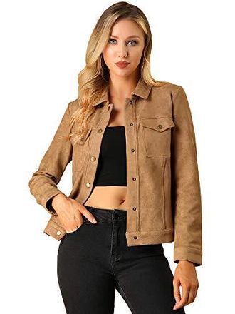 Allegra K Veste femme en simili daim avec col rabattu et poches à rabat Marron XS