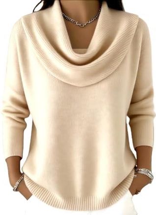 Generic Pull &agrave; col b&eacute;nitier pour femme, col b&eacute;nitier tendance, manches longues, v&ecirc;tements dautomne et dhiver, hauts en tricot, d&eacute;contract&eacute;, pull ample, abrico