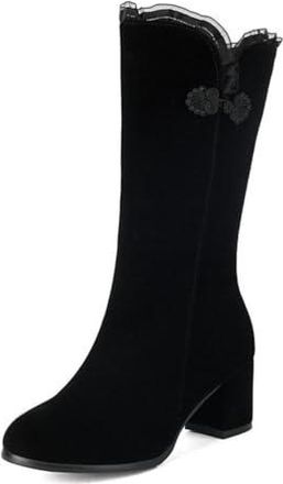 Generic Noir,35 EU,Bottes Hautes en Daim pour Femmes, Bout Rond, Talons Bas épais, Bottes Hautes, Fermeture éclair latérale, Bottes Longues, Chaussures habill
