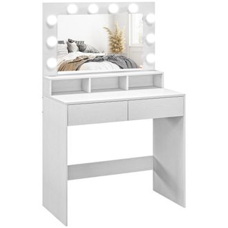HOMCOM Schminktisch mit LED-Beleuchtung, Einstellbarer Helligkeit Kosmetiktisch mit Spiegel, Frisiertisch mit 2 Schubladen, offenen Ablagen, Wei&szlig;