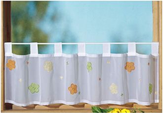 Heimtexland Scheibengardine Stickerei Blumen grün orange Schlaufen Bistrogardine Typ626