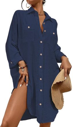 Bsubseach Sommer Strandkeid f&uuml;r Frauen Button Down Strand Shirt Kleid Badeanzug Cover Up V-Ausschnitt Strandponcho Bademode Resort Wear Marine Blau L