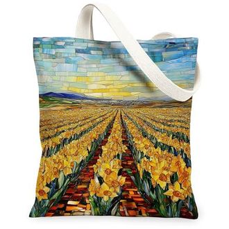 Generic Sac fourre-tout en toile r&eacute;utilisable avec motif jonquille de printemps pour le shopping, 33 x 38 cm, motif paysage floral, sac d&eacute;picerie r&eacute;utilisable