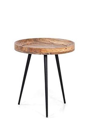 Byliving Beistelltisch AVA/runder Couchtisch 45 cm/Massivholz Mango Natur hell-braun/Gestell Metall schwarz/D 45, H 50 cm