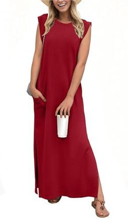 Generic Robe longue d&eacute;t&eacute; d&eacute;contract&eacute;e sans manches pour femme 2026 - Coupe ample et tendance - Pour les vacances et la plage, bordeaux, XXL