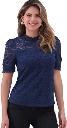 Allegra K Haut en Dentelle Florale Femmes Col Montant Manches Courtes Bouffantes Demi-Transparentes Chemisier Élégant T-Shirt Bleu foncé XS
