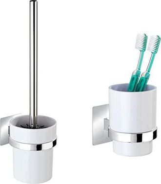 WENKO Turbo-Loc WC-Garnitur Quadro - WC-Bürstenhalter, 9.5 x 35.5 x 12 cm, Chrom & Turbo-Loc Zahnputzbecher Quadro - Zahnbürstenhalter für Zahnbürste und Za