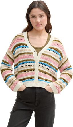 Tom Tailor Damen 1046665 Cardigan Strickjacke, 38204-Off White Olive Pink Stripe, M