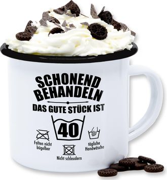 Shirtracer Emaille Tasse Blechtasse - 40. Geburtstag - Schonend behandeln das gute Stück ist vierzig - 300 ml - Weiß Schwarz - 40 firrzich wird 40igster zum made