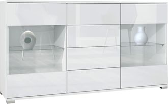 Vladon Sideboard Bari V1, Kommode mit 2 gro&szlig;en T&uuml;ren und 4 Schubladen, Wei&szlig; matt/Wei&szlig; Hochglanz (138,5 x 75,5 x 35)