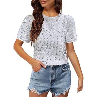 Generic Top femme &agrave; manches courtes avec paillettes, confortable chemisier ras du cou &agrave; sequins occasionnels pull top l&eacute;ger t-shirt basique pull top pour disc