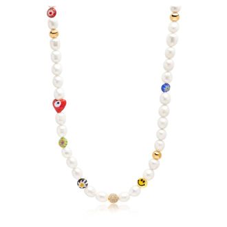 Nialaya Homme, Accessoires, Jaune, Taille: S Mens Smiley Face Pearl Necklace with Assorted Beads