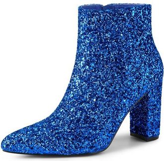 Allegra K Bottines à talon épais à bout pointu pailleté pour femme, bleu marine, 37 EU
