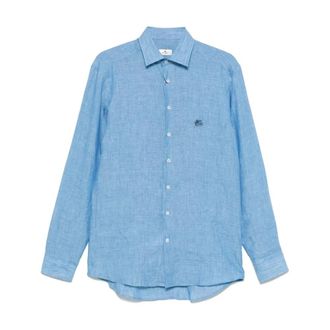 Etro Blaues Leinen besticktes Langarmhemd - - Shirts - Herren - Blau - 2XL