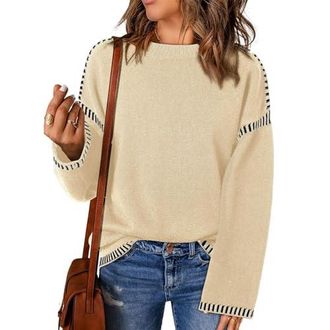 Generic Pull simple et tendance &agrave; col montant d&eacute;contract&eacute; et confortable, pour femme, col rond, coupe ample, manches longues, abricot, XXL