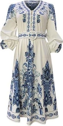 Generic Robe amincissante 2026 avec col en V et manches longues pour femme - Imprim&eacute; boh&egrave;me, bleu, XL