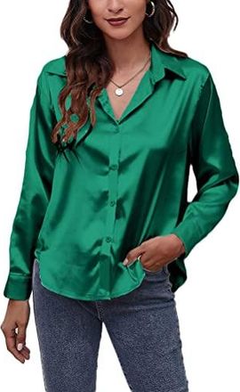 Minetom Tunique Femme Chemisier Top Elegant Col V Blouse Casual Chemise Satin Manche Longue Shirt F Vert XL