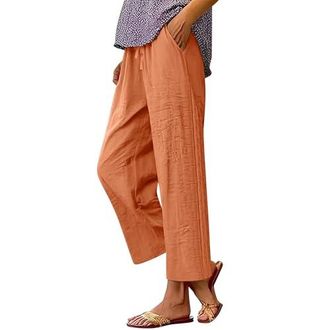 Generic Pantalon en lin pour femme d&eacute;contract&eacute; et ample Palazzo en coton et lin - Jambe large - Cordon de serrage - Taille &eacute;lastique avec poches - Pantalon de