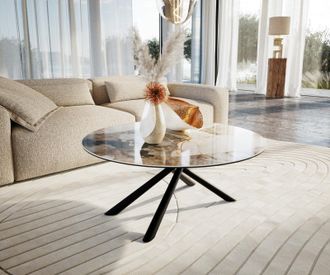 DELIFE Couchtisch Edge Rund 100x100 cm Keramik Patagonia Poliert Sarity Metall Schwarz, Couchtische