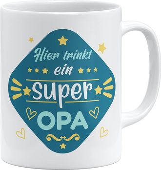 OM3 Super Opa Tasse mit Spruch - Geschenkidee für Großvater - Vatertag - Keramik Becher - 11oz 325ml - Beidseitig Bedruckt - Weiss